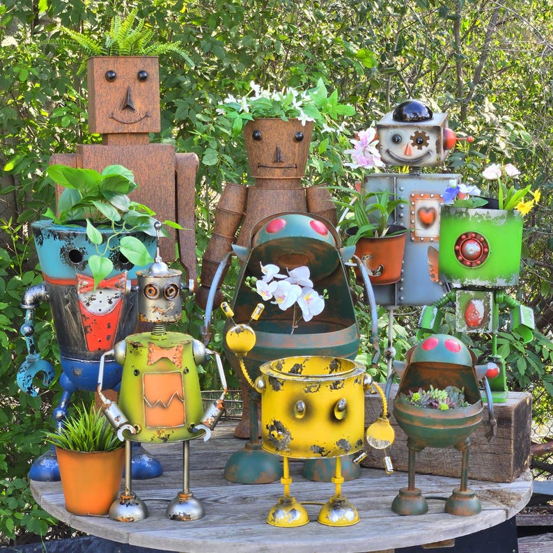 Vintage Metal Frog Robot Planter – Playful Open Mouth Garden Sculpture ...