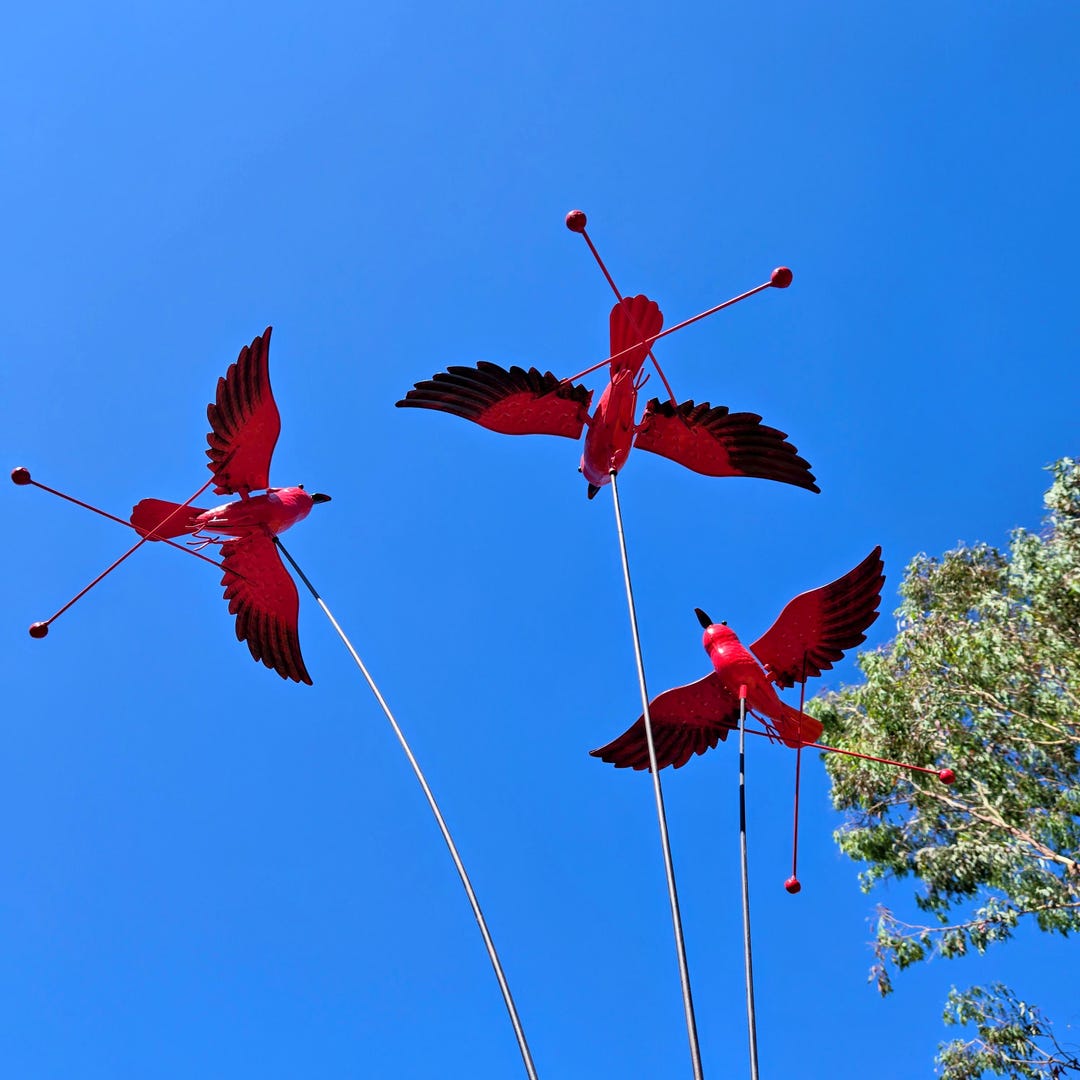12ft Rustic Garden Stake With Swaying Cardinals: Kinetic Bird ...