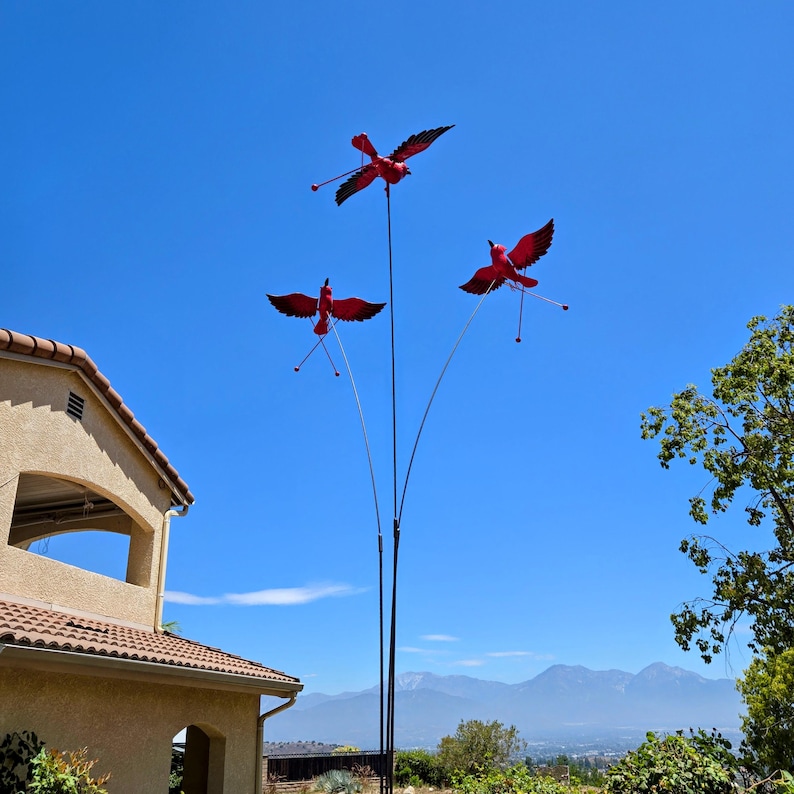 12ft Rustic Garden Stake With Swaying Cardinals: Kinetic Bird ...