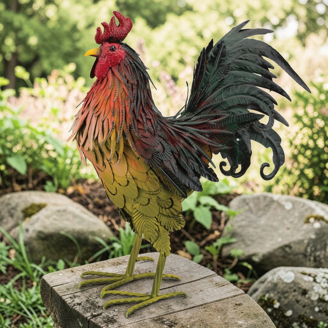 21“ Handcrafted Metal Rooster Garden Statue – Farmhouse Yard Art ...