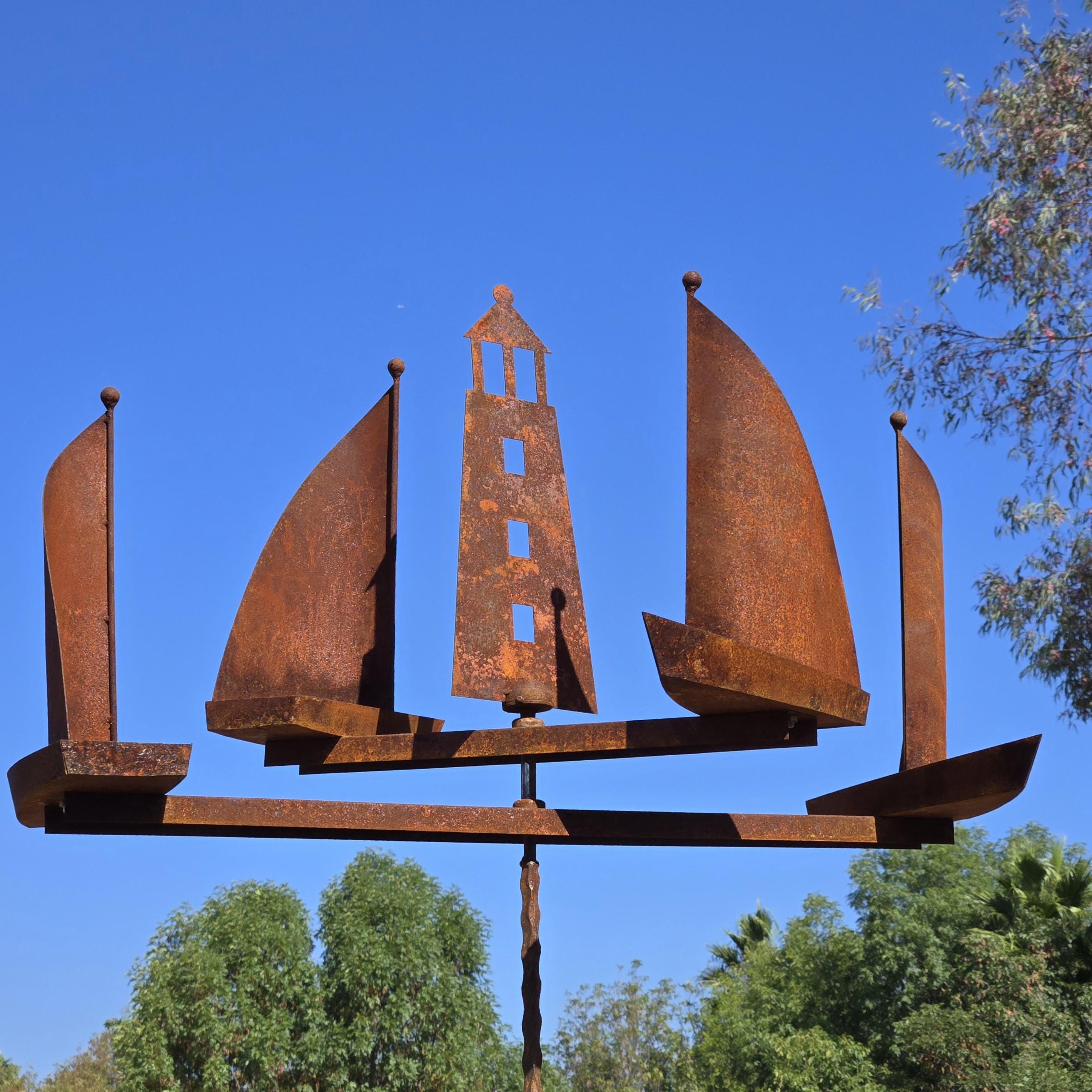 Metal Garden Rusty Large Lighthouse & Sailboats Wind Spinner – Sailboat ...