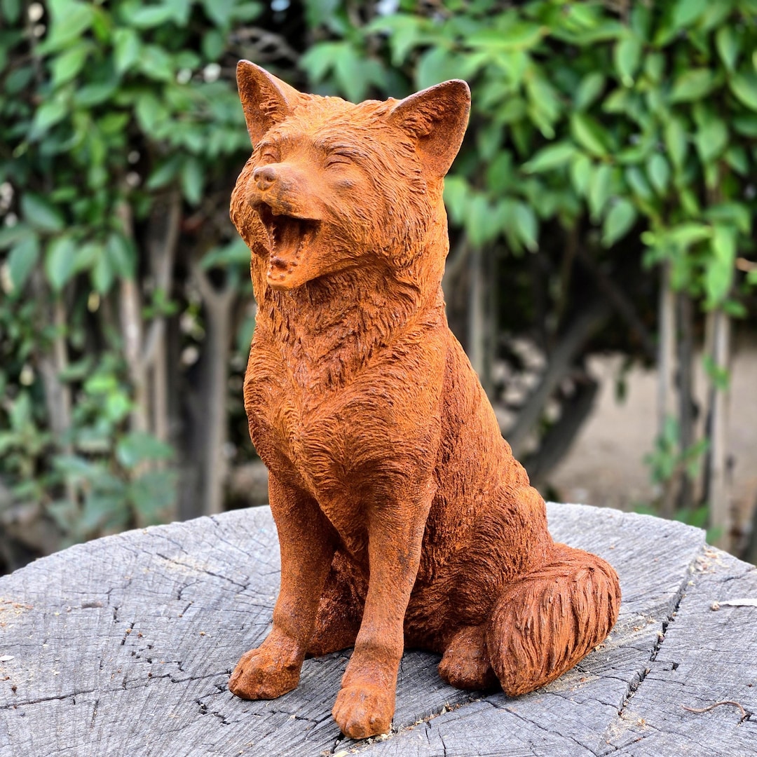 Rusty Finish Cast Iron Sitting Fox Statue – Handmade Garden Decor ...