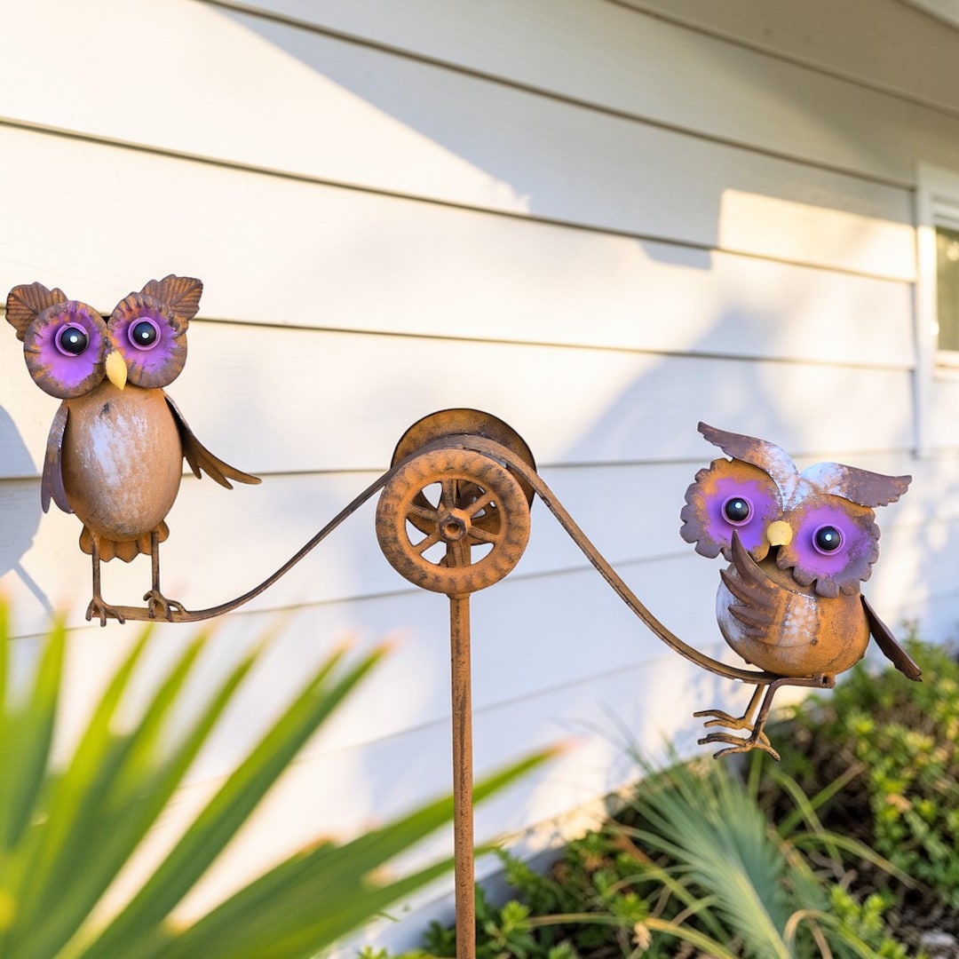 Rustic Metal Owl Wind Spinner: Double Owls Balancing Rocker Yard Stake ...