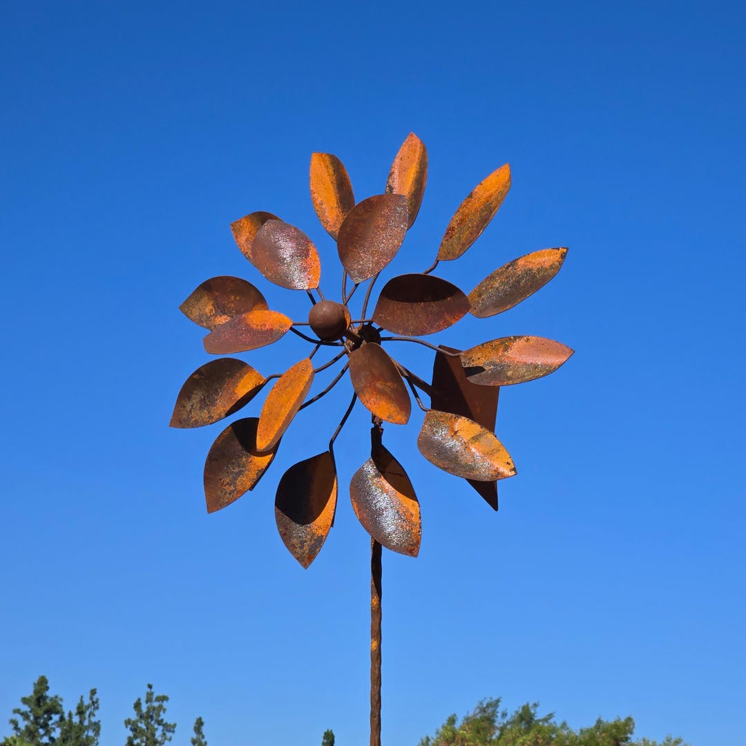 Handmade Rusty Iron Flower Wind Spinner: Farmhouse Garden Decor (82"h ...