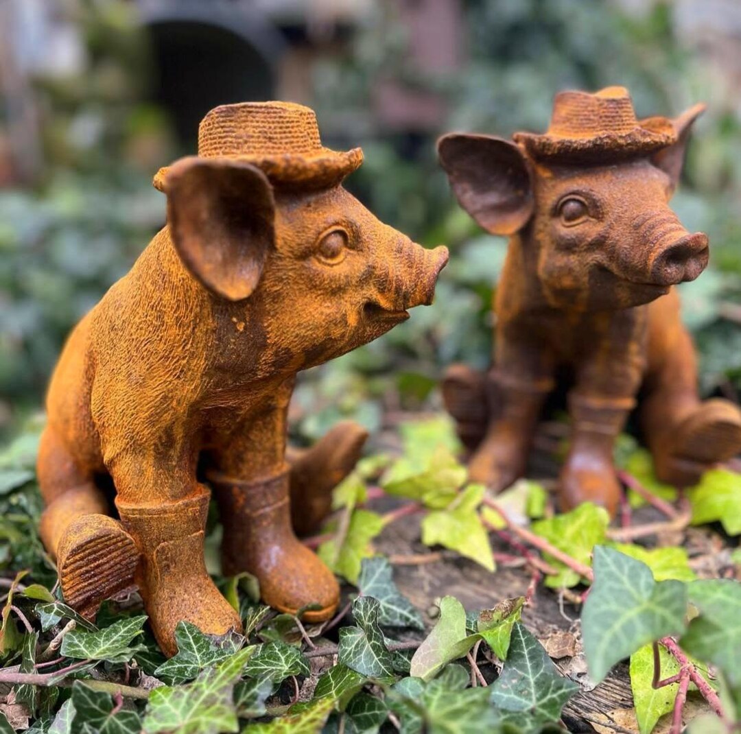 Cast Iron Pig Statues: Cowboy Garden Decor With Rain Boots - Etsy