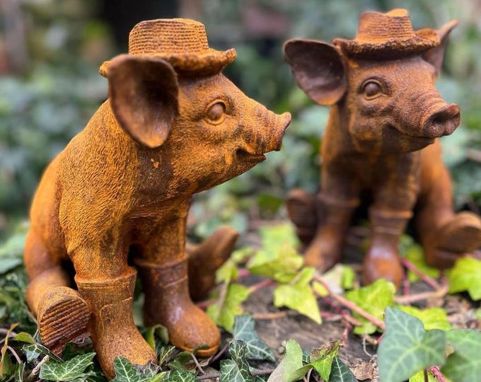Cast Iron Pig Statues: Cowboy Garden Decor With Rain Boots - Etsy