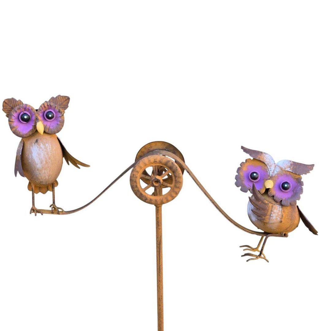 Rustic Metal Owl Wind Spinner Double Owls Balancing Rocker Yard Stake ...