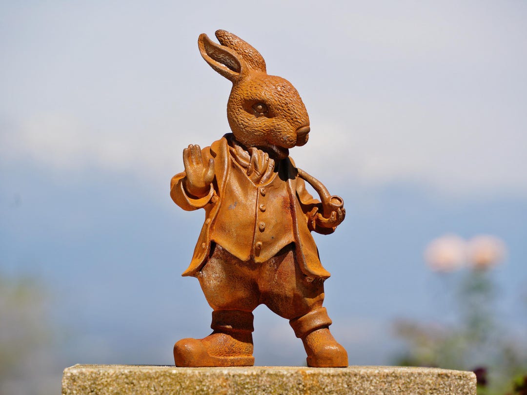 Metal Cast Iron Rabbit Statue - Rustic Bunny Garden Decor - Heavy Metal ...