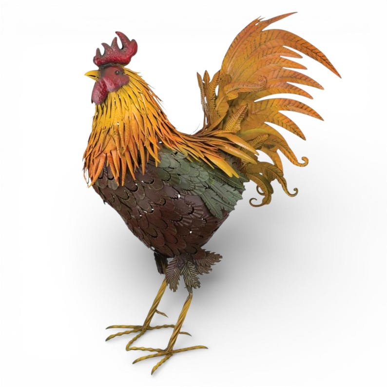 Handcrafted Metal Rooster Garden Statue – Farmhouse Yard Art Chicken ...