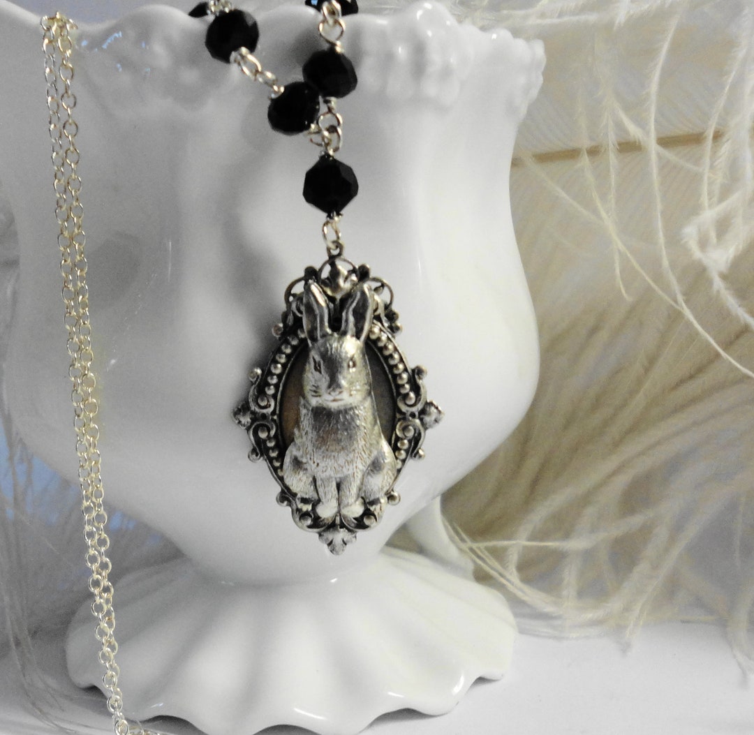 Rabbit Necklace Silver Beaded Jet Black Onyx Beaded Chain Shabby Style ...