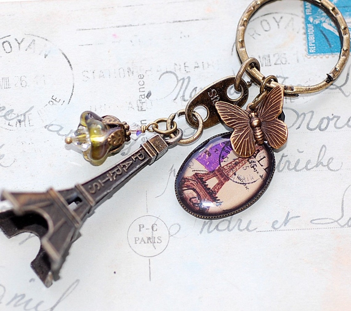 FREE SHIPPING Key Chain Keyring French Paris Butteryfly Flower Blossom ...