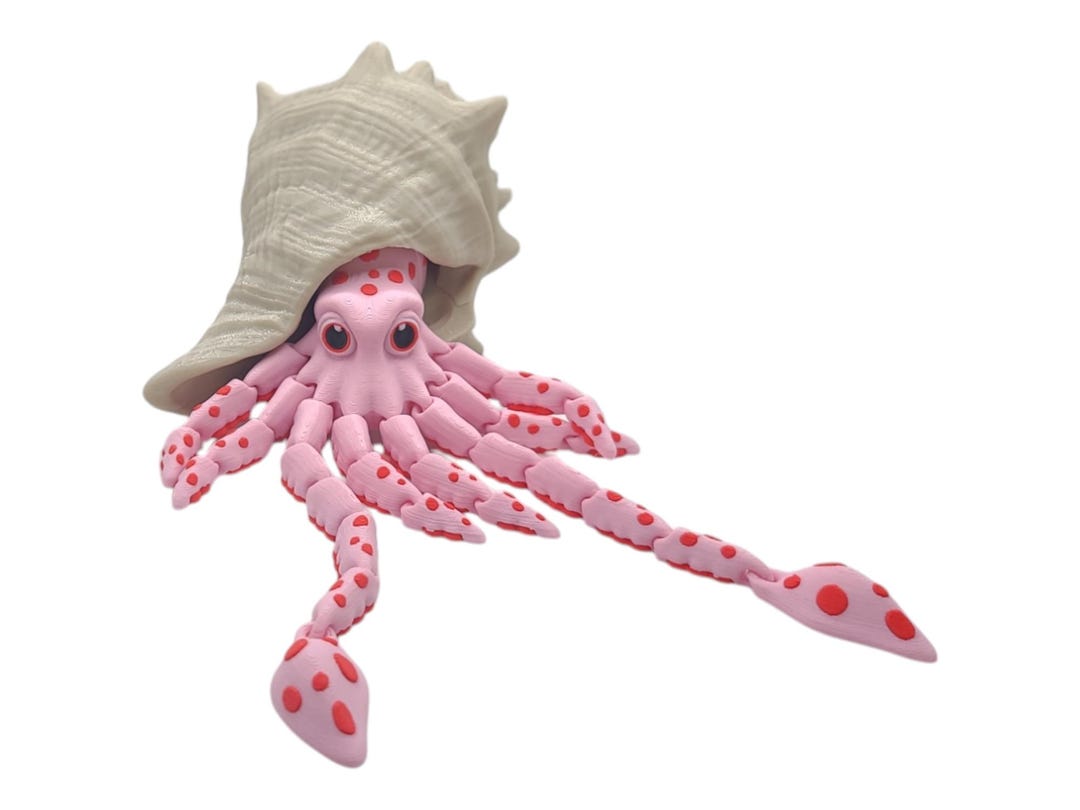 Squid With Shell 3D Printed Articulated Toy ~ Pink & Red Marine Decor ...