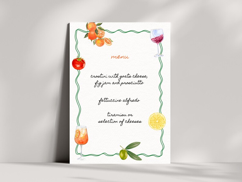 Italy Themed Dinner Party Invitation AND Menu - Editable Template ...