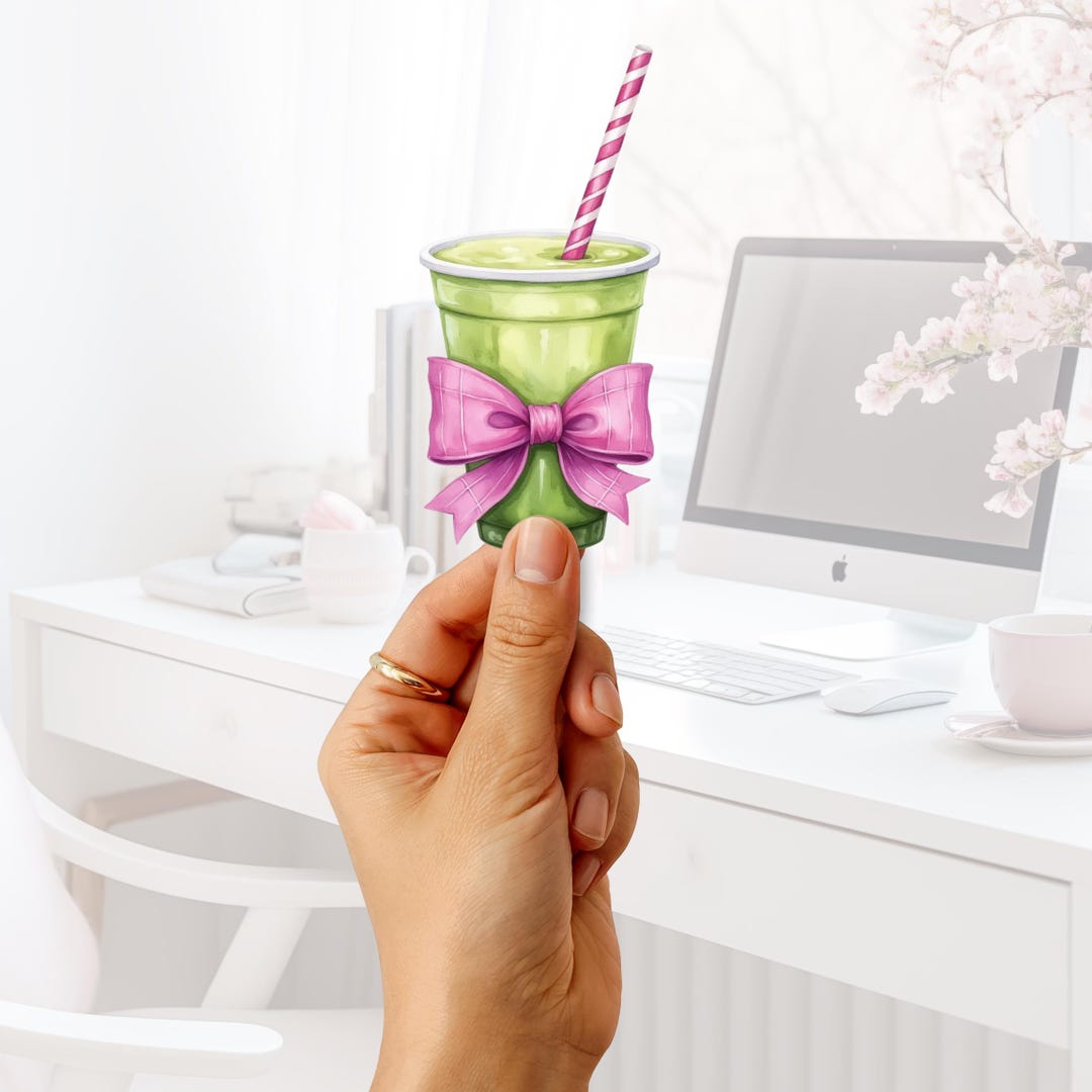 Matcha Cup Sticker, Cute Fuschia Bow Kiss-cut Sticker, Scrapbooking ...