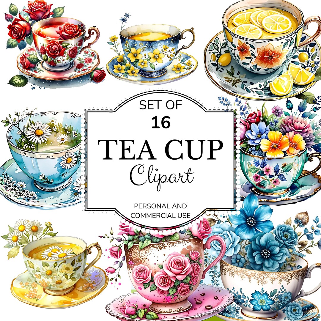 16 Floral Tea Cup Clipart, Floral Tea Set, Printable Watercolor Clipart ...