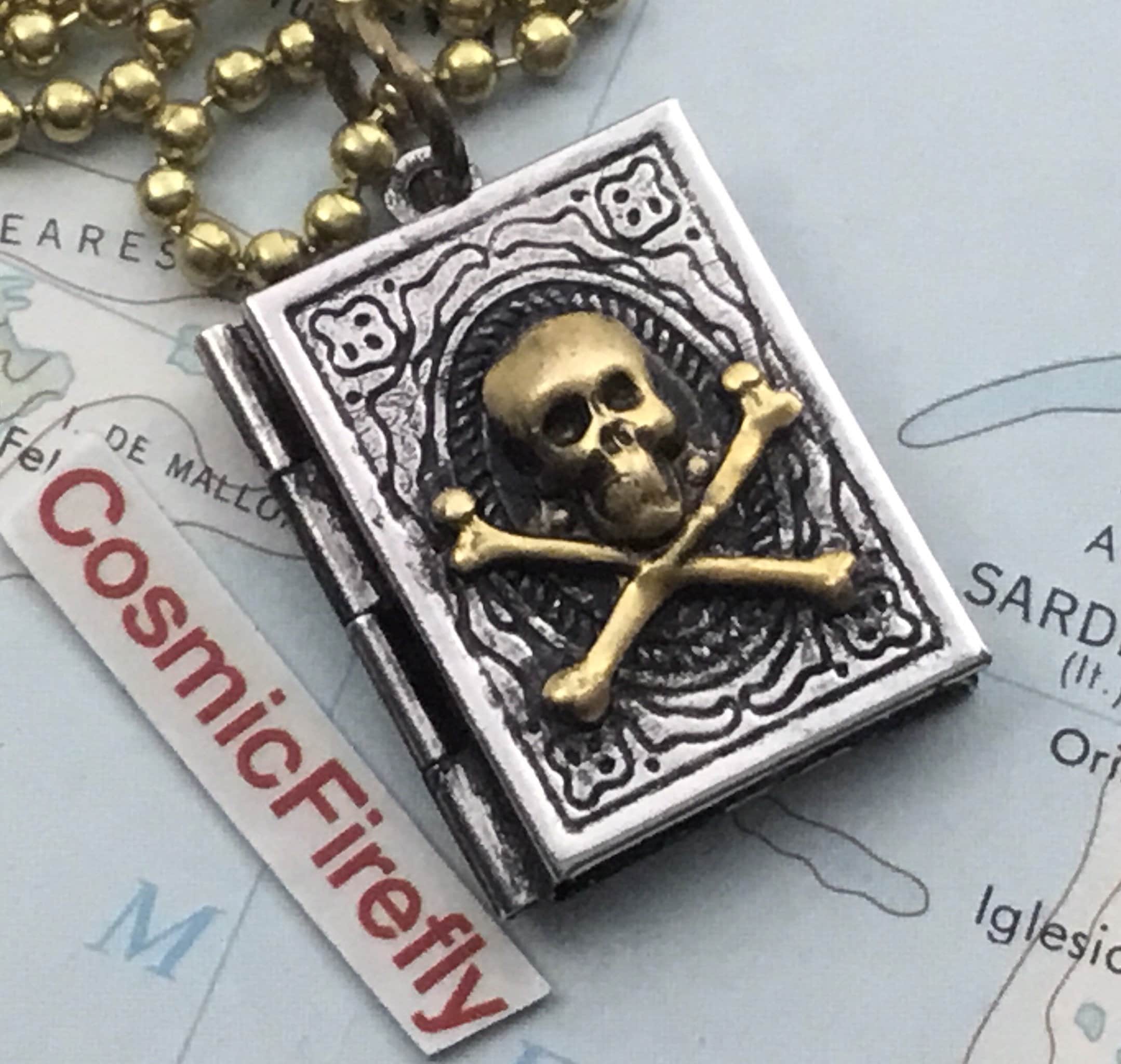 Small Skull Locket Necklace Pirate Skull & Crossbones Tiny Book Locket ...