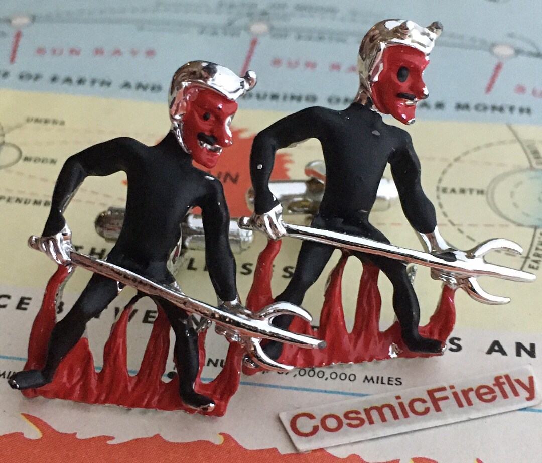 Vintage Red Devil Cufflinks Figural Devil Pitchfork Red Flames ...
