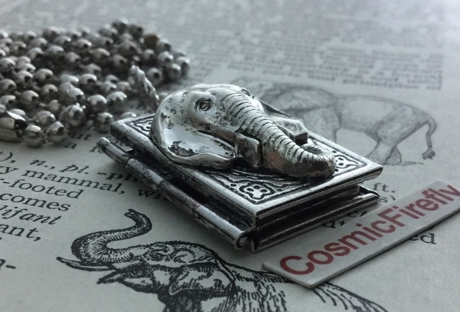 Tiny Elephant Book Locket Necklace Antiqued Silver Plated - Etsy