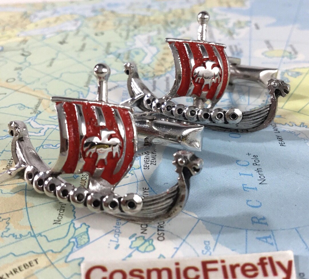 1950's Vintage Viking Ship Cufflinks Full Sail Boat Red Silver SWANK ...