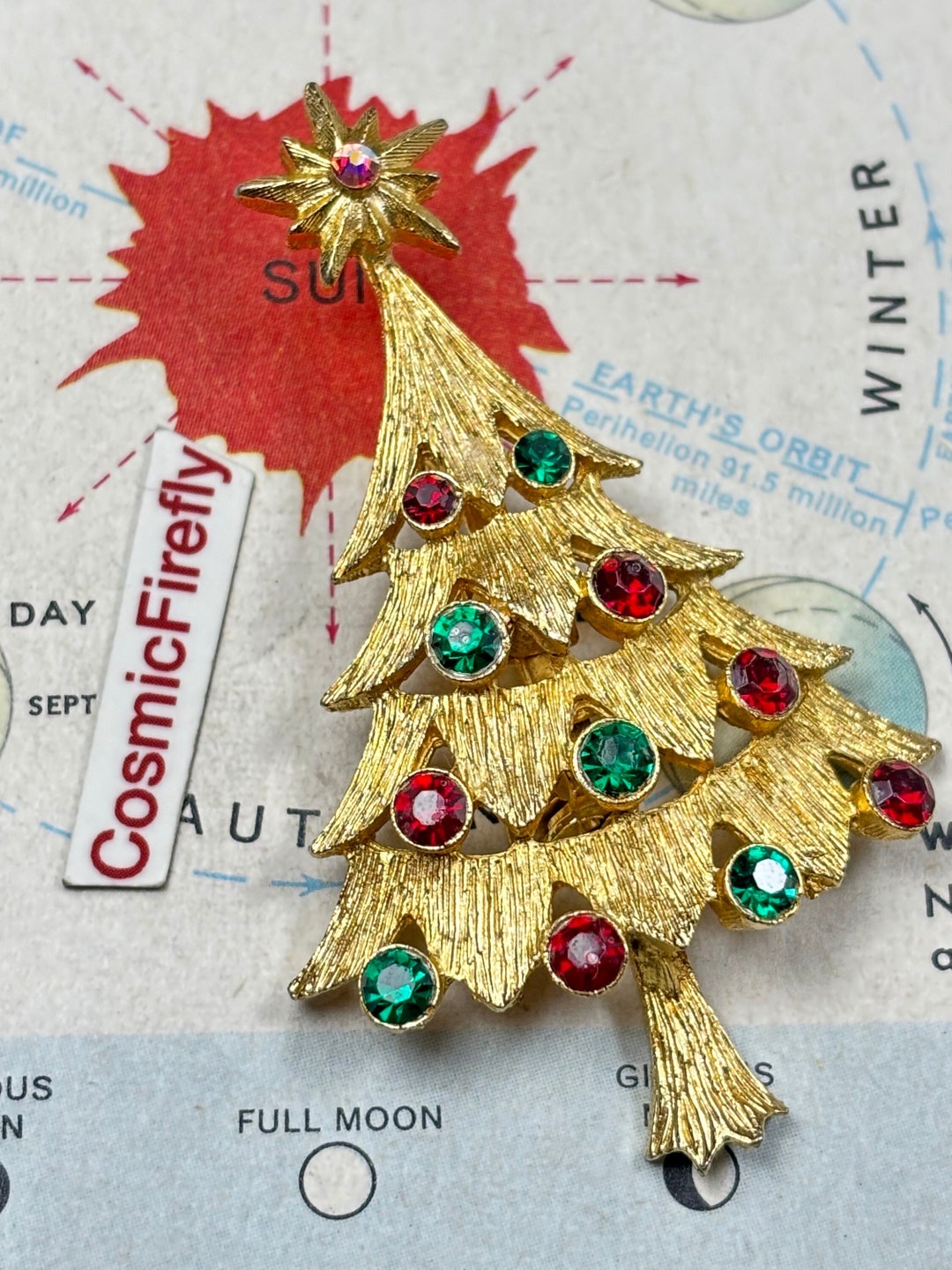 1960's Vintage Christmas Tree Pin Brooch Costume Jewelry Gold Tone Star ...