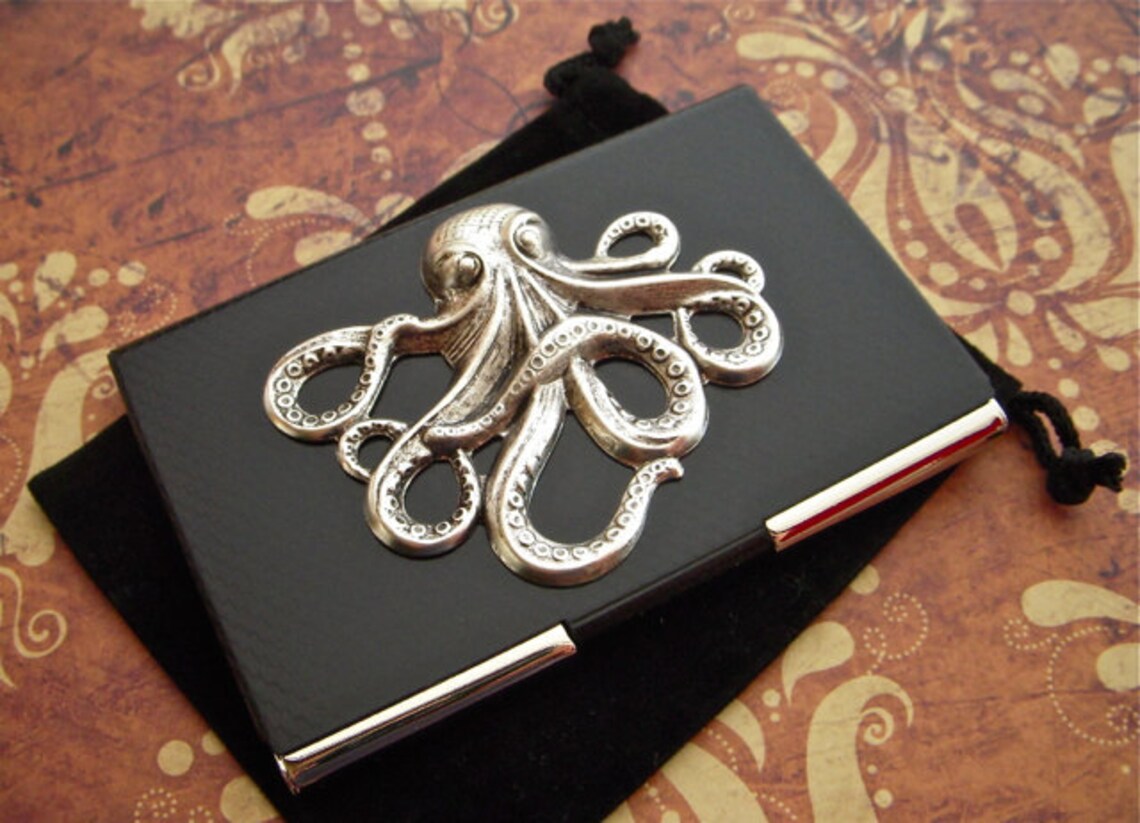 Octopus Business Card Case Silver & Black Carbon Fiber Style | Etsy