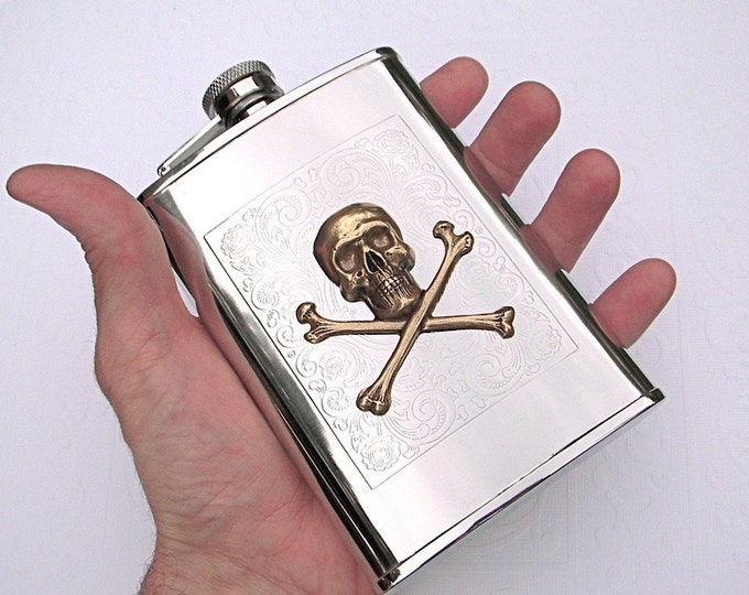Big Skull Flask Stainless Steel Metal Raised Brass Skull and Crossbones ...