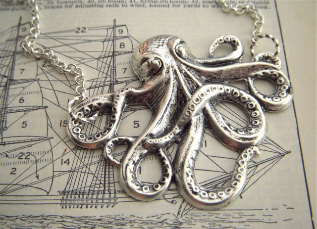 Big Octopus Necklace Shiny Silver Tone Long Length Rolo Chain | Etsy