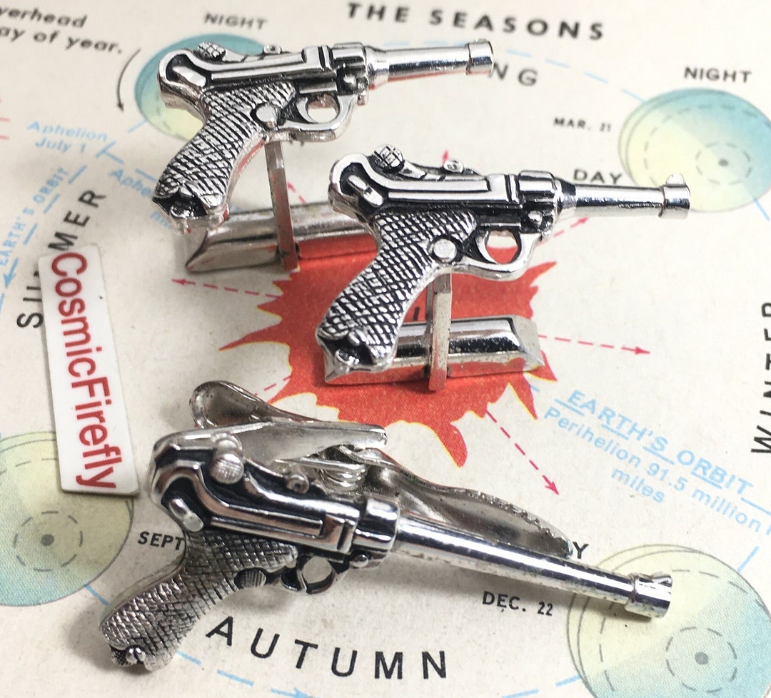 1950's Vintage Gun Cufflinks & Luger Pistol Tie Bar Clip Made in USA ...