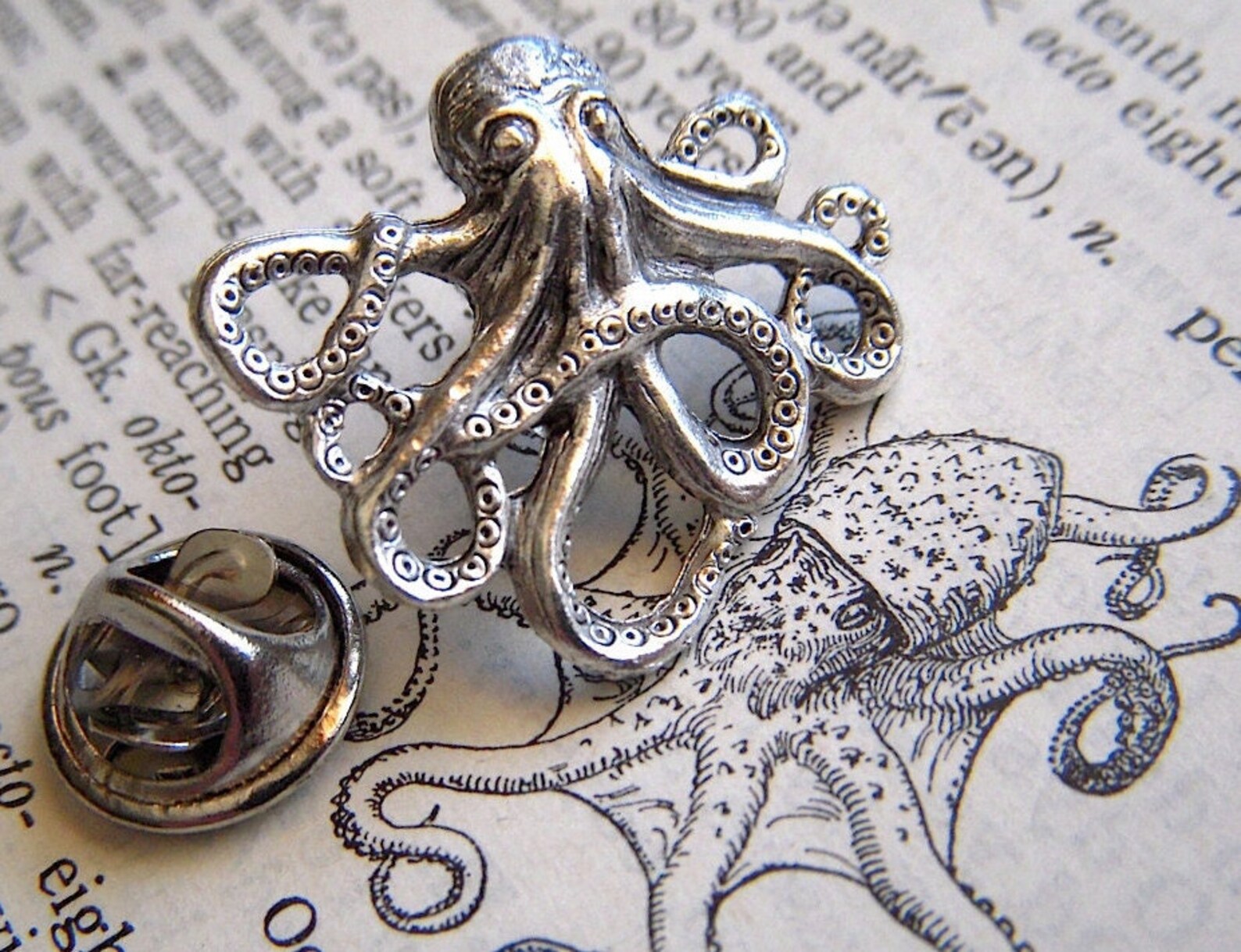 Small Octopus Tie Tack Lapel Pin Rustic Silver Plated Gothic - Etsy