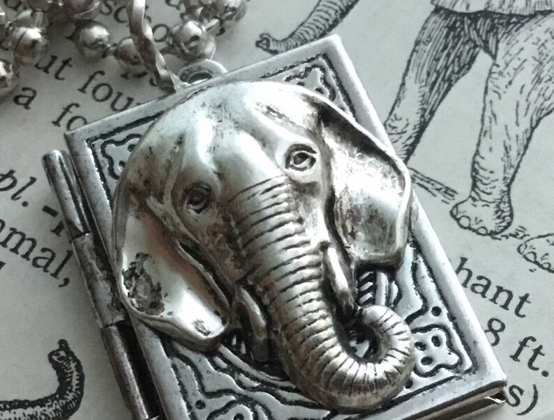 Tiny Elephant Book Locket Necklace Antiqued Silver Plated - Etsy
