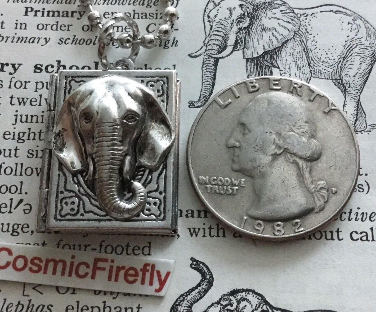 Tiny Elephant Book Locket Necklace Antiqued Silver Plated - Etsy