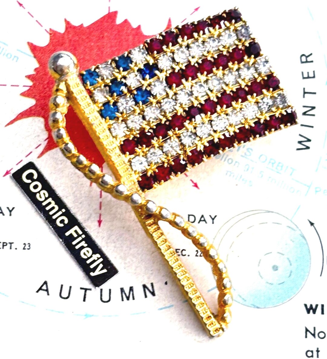 Vintage American Flag Brooch Pin Costume Jewelry Red White Blue Glass ...
