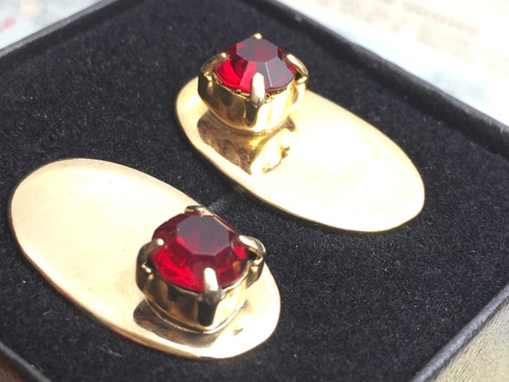 1940's Vintage Red Jewel Cufflinks Oval Brass Mid Cen… - Gem