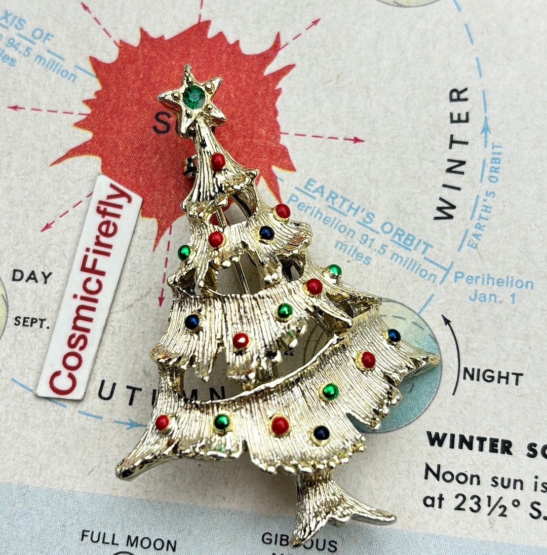 Green Star Silver Metallic Vintage Christmas Tree Pin Brooch Costume ...