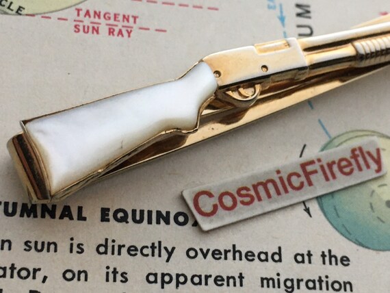 Large Vintage Rifle Gun Tie Clasp Pearl Handle Brass … - Gem