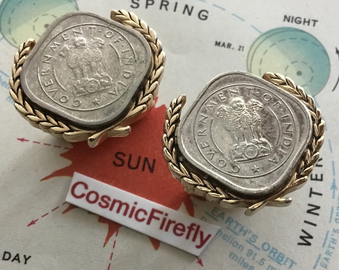 1950's Vintage Coin Cufflinks India Money Square Round Corners Olive ...