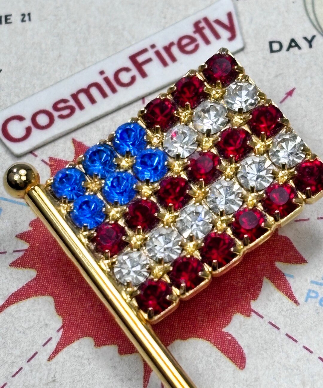 Vintage American Flag Brooch Pin Costume Jewelry Red Blue Glass ...