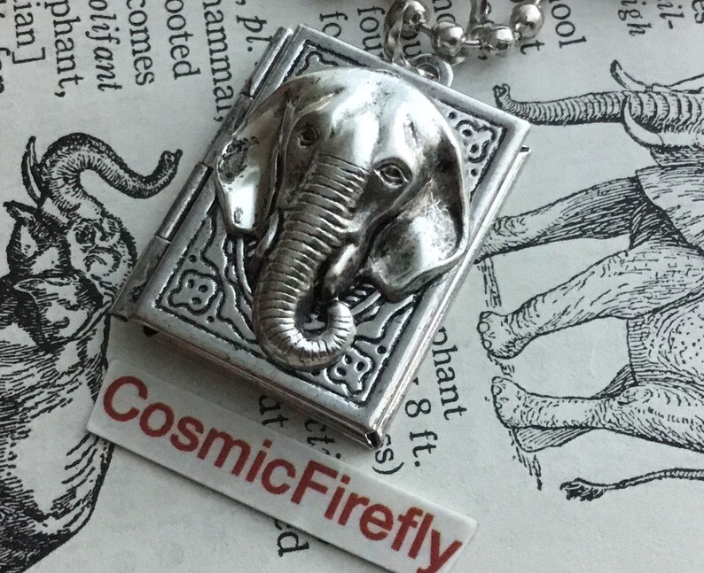 Tiny Elephant Book Locket Necklace Antiqued Silver Plated - Etsy