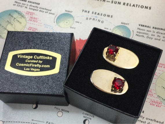 1940's Vintage Red Jewel Cufflinks Oval Brass Mid Cen… - Gem