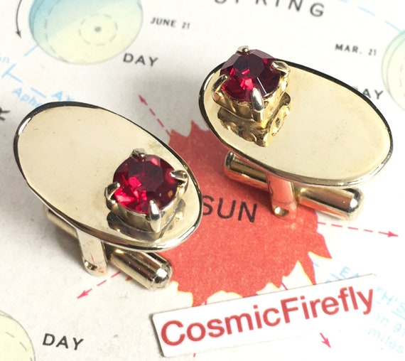 1940's Vintage Red Jewel Cufflinks Oval Brass Mid Cen… - Gem