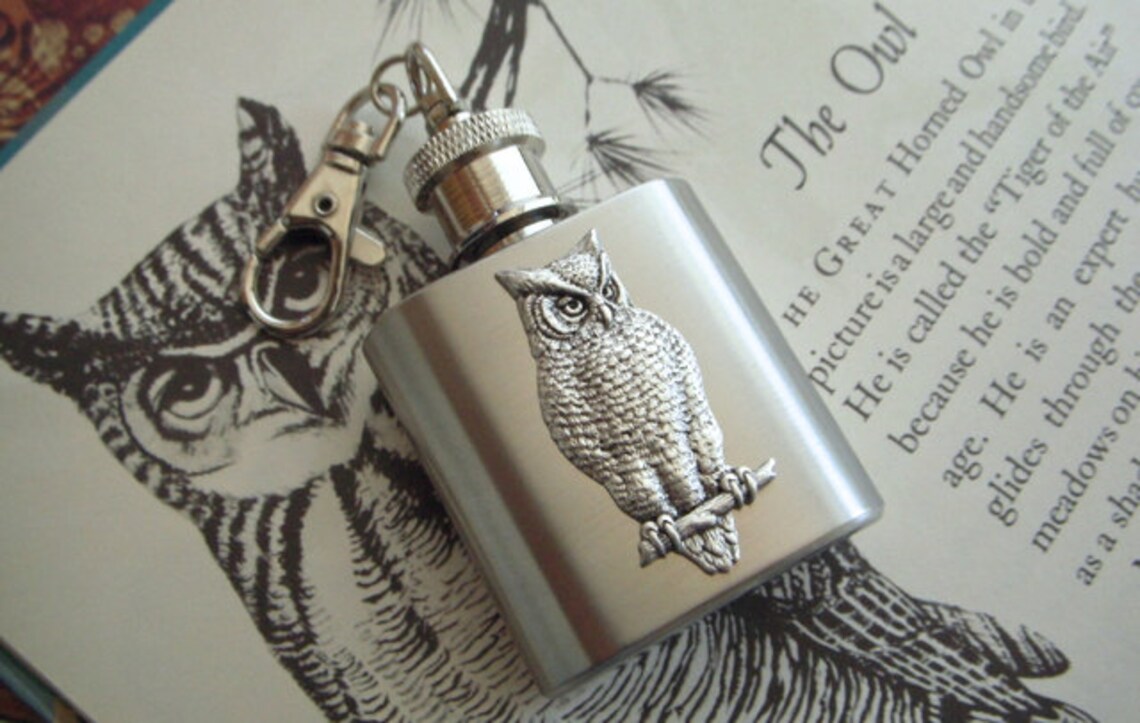 Mini Flask Keychain Silver Owl on 1 Oz Miniature Size Owl | Etsy