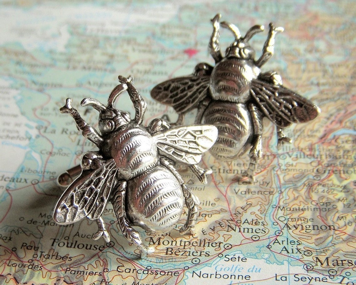 LARGE Bee Cufflinks Antiqued Silver Bees BIG & BOLD Vintage Style ...