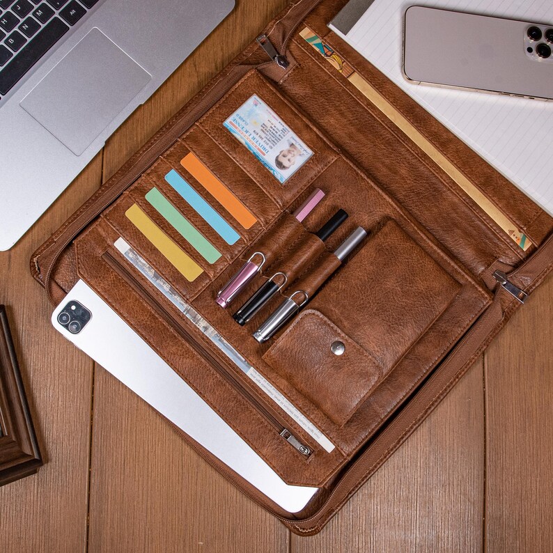 Personalized Brown Vintage Leather Portfolio, Custom Refillable ...