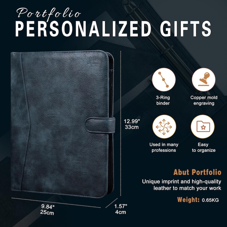 3-ring Binder Portfolio, Personalized Retro Blue Leather Padfolio, A4 ...