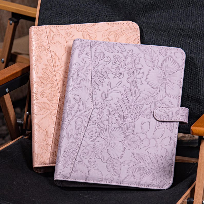 Embossed Floral Leather Padfolio, A4 Binder Portfolio With Snap Closure ...