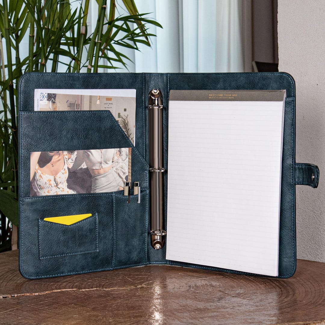 3-ring Binder Portfolio, Personalized Retro Blue Leather Padfolio, A4 ...