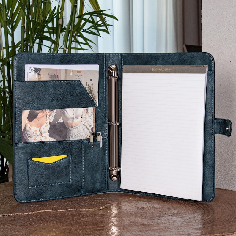3-ring Binder Portfolio, Personalized Retro Blue Leather Padfolio, A4 ...