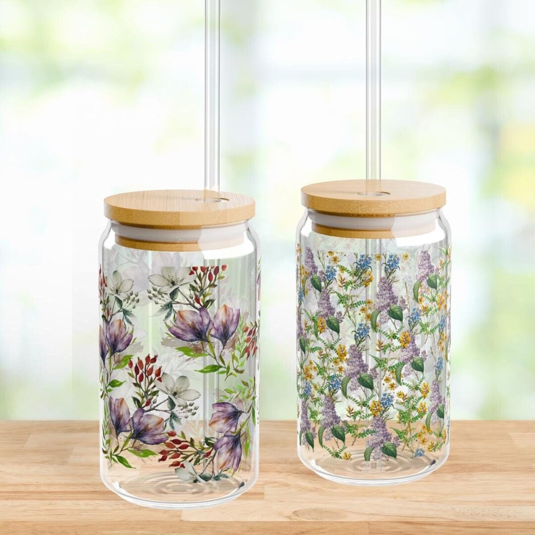 Floral Glass Tumbler Cups With Lid & Straw, Floral Cup, Floral Sipper ...