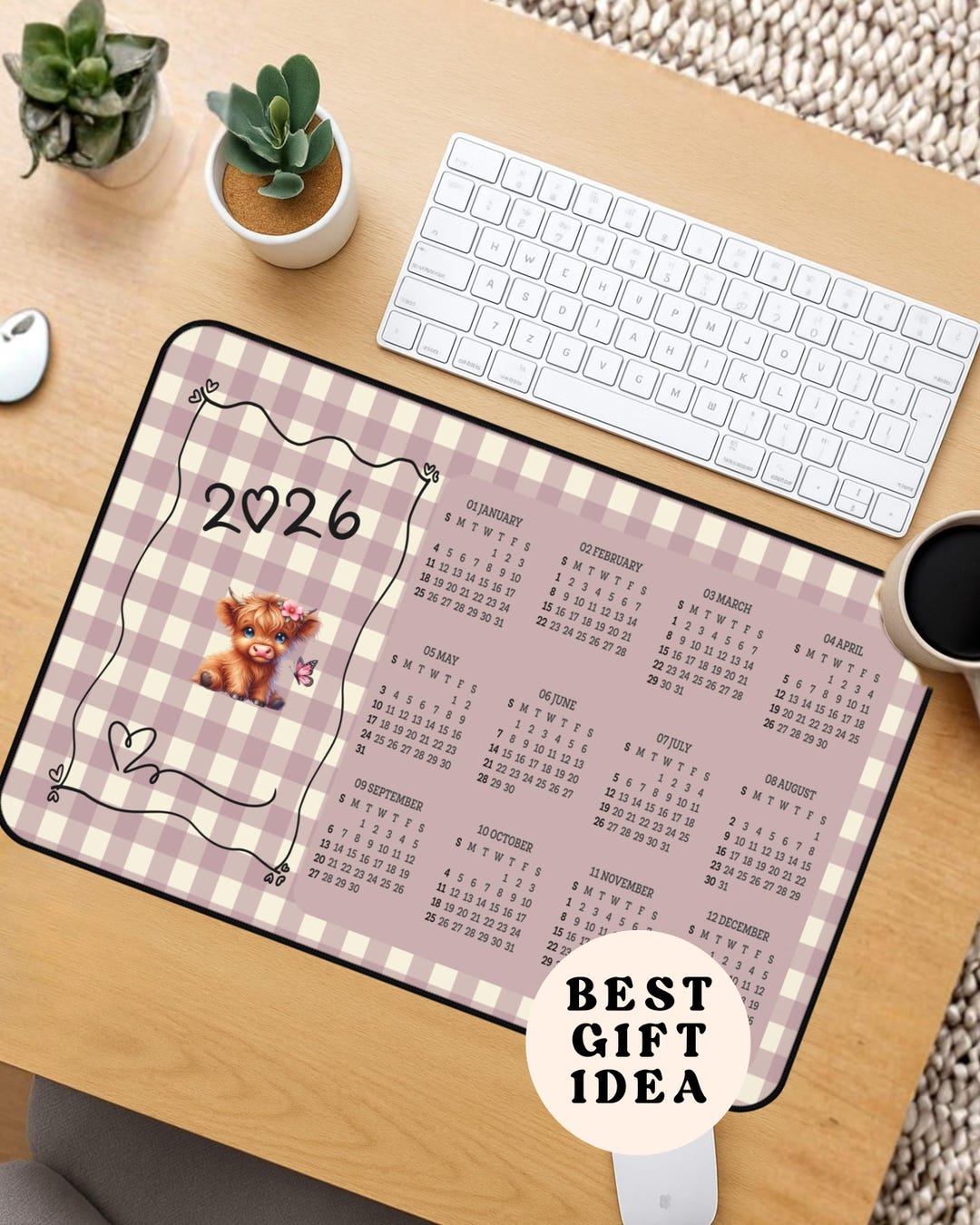 2026 Calendar Desk Mat XL Mouse Pad Adorable Cow Highland Style Pink ...
