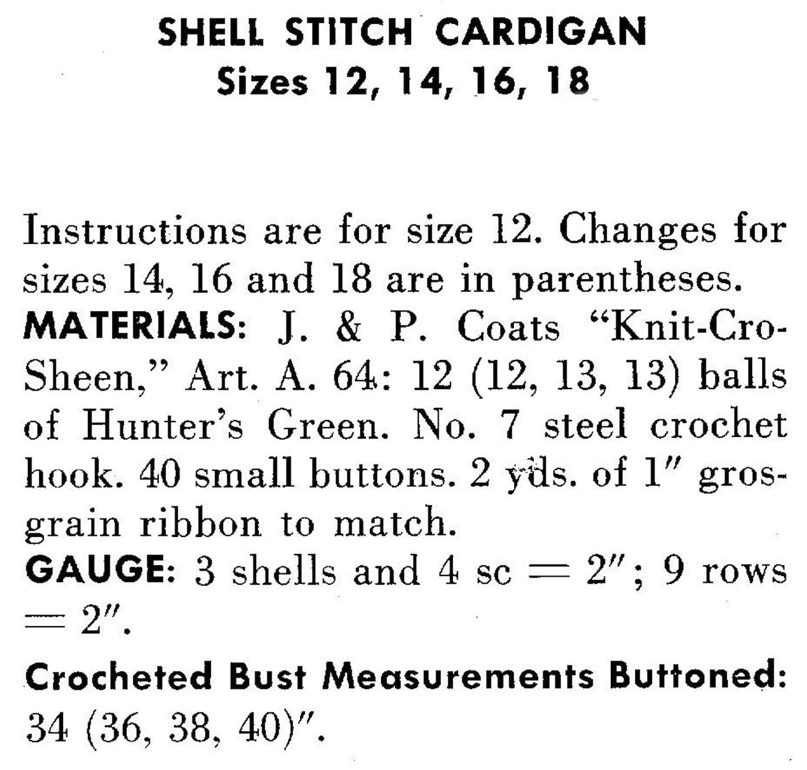 Vintage Crochet Pattern Shell Stitch Cardigan Bust 34 to 40 Inches 1950 ...